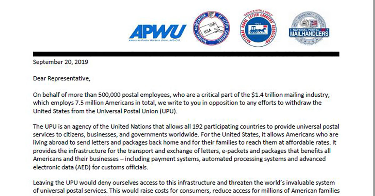 APWU Opposes US Withdrawal from UPU | American Postal Workers Union